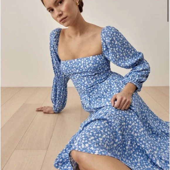 Reformation | Dresses | Reformation Blue Floral Micah Puff Sleeve Midi ...